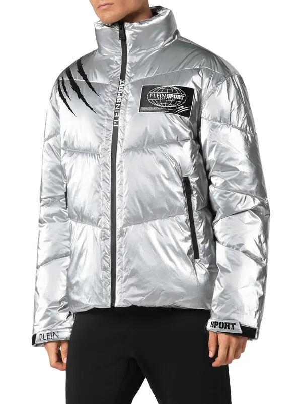PLEIN SPORT Quilted Nylon Puffer Jacket With High Neck And Logo - Silver