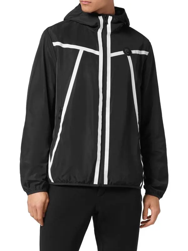 PLEIN SPORT Technical Fabric Hooded Windbreaker Jacket With Sporty Stripes - Black