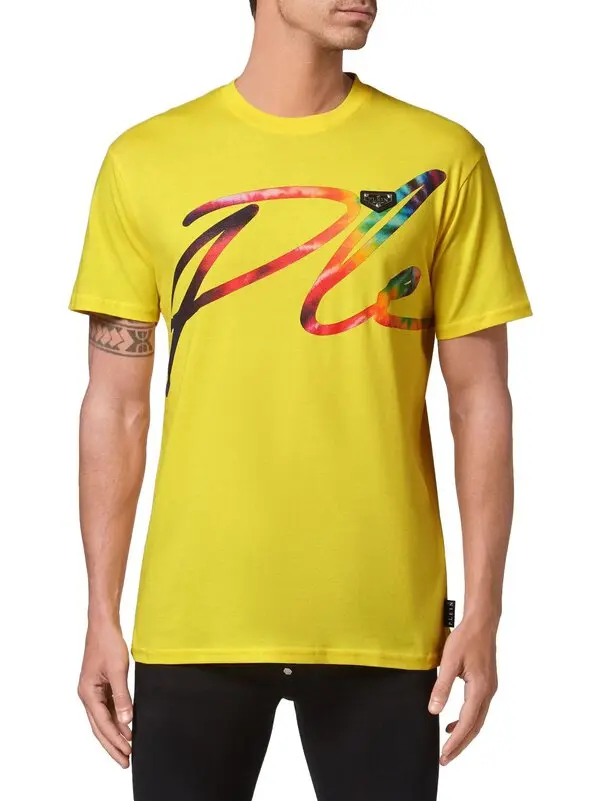 Philipp Plein Short-sleeved Jersey T-shirt With Contrast Logo Print - Yellow