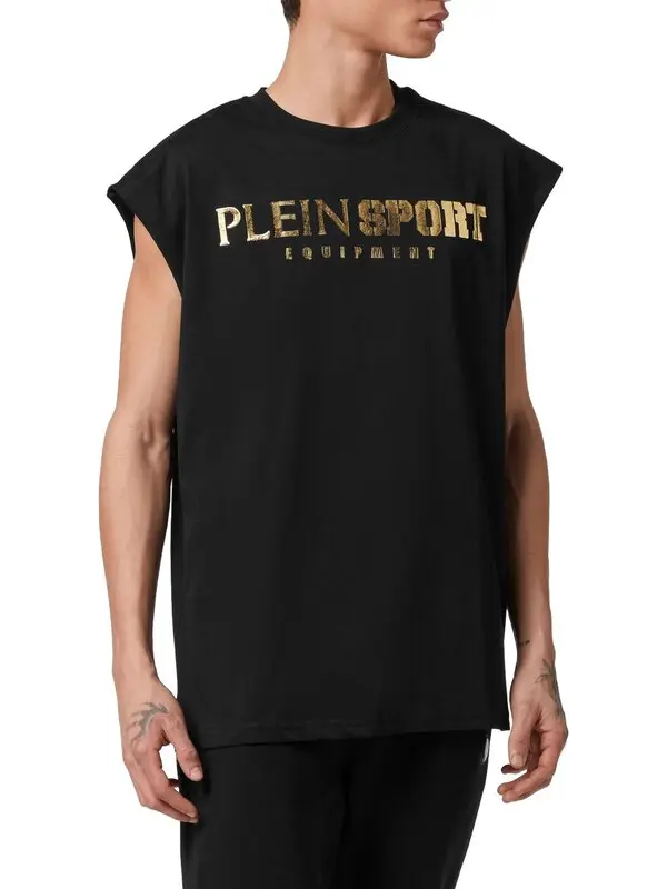 PLEIN SPORT Relaxed Fit Jersey Tank Top With Laminated Logo - Black