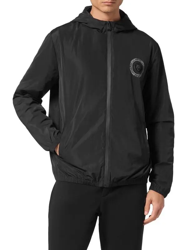 PLEIN SPORT Technical Fabric Hooded Windbreaker Jacket - Black