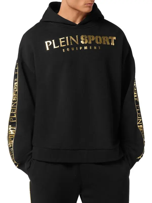PLEIN SPORT Relaxed Fit Jersey Hoodie With Contrast Logo - Black