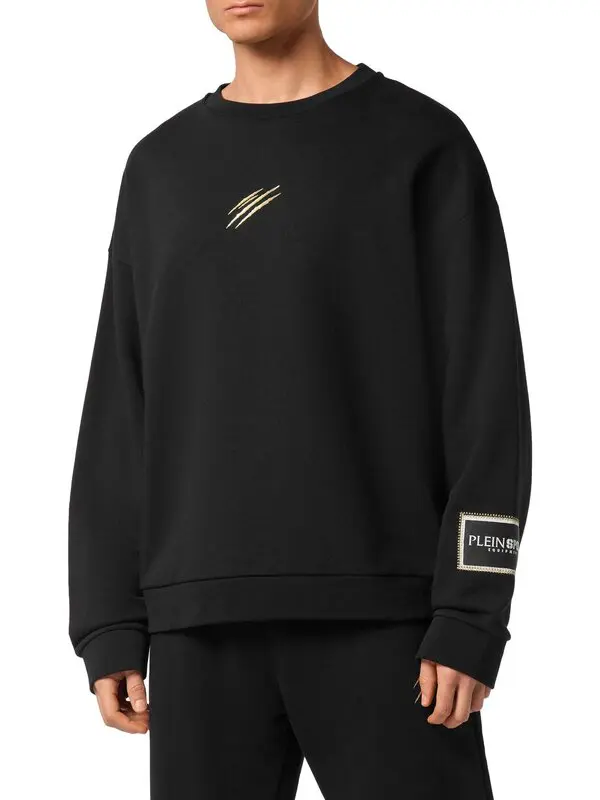 PLEIN SPORT Crewneck Cotton Sweatshirt With Laminated Logo Detail - Black