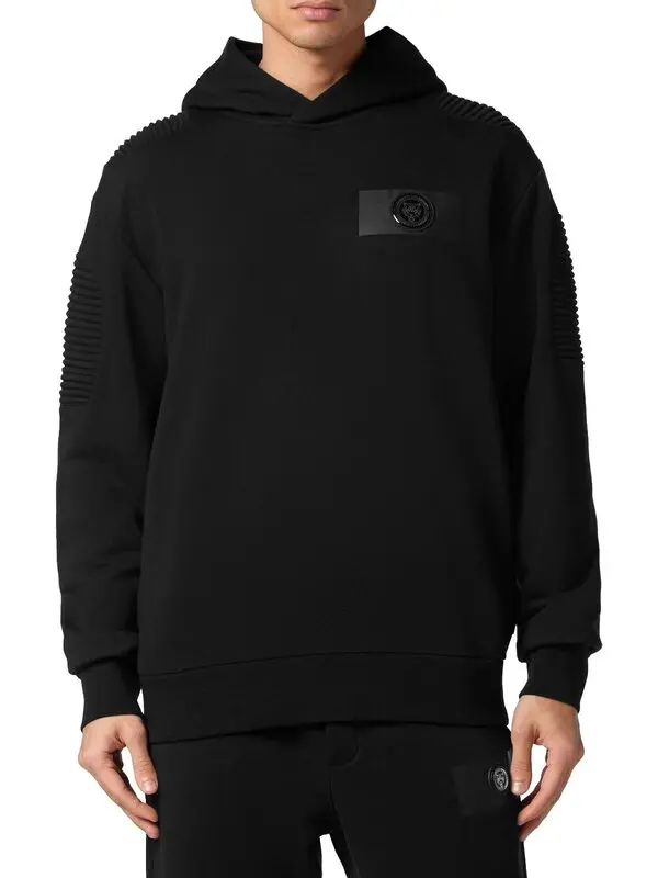 PLEIN SPORT Relaxed Fit Hoodie With Tone-on-tone Applied Logo - Black