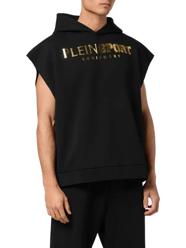 PLEIN SPORT Sleeveless Jersey Hoodie With Contrast Logo - Black