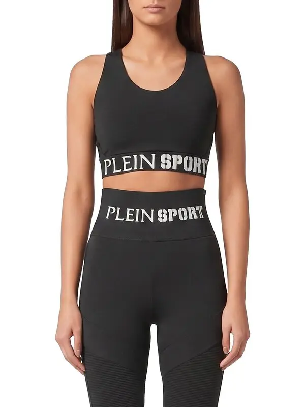 PLEIN SPORT Cropped Jersey Sports Top With Square Neckline And Jacquard Logo Band - Black