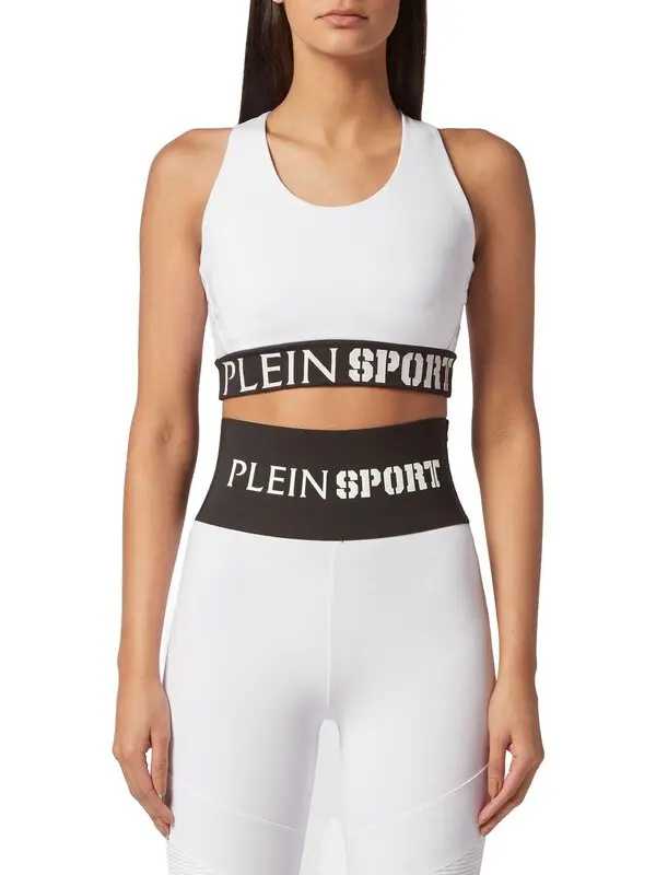 PLEIN SPORT Cropped Jersey Sports Top With Square Neckline And Jacquard Logo Band - White
