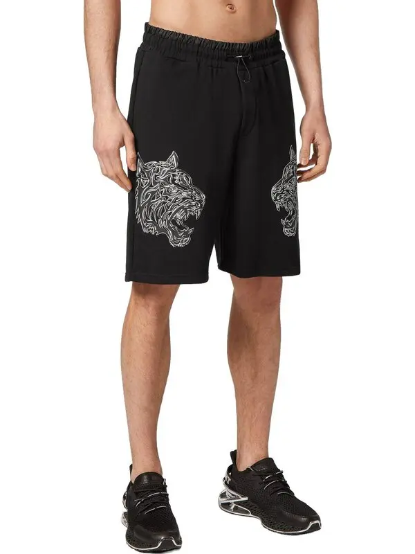 PLEIN SPORT Graphic Print Jersey Jogging Shorts - Black
