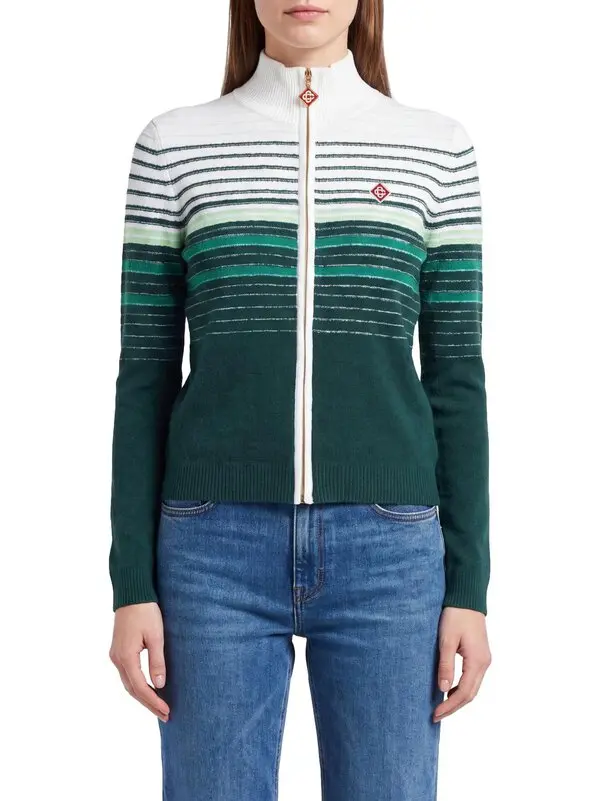 Casablanca Striped Cotton-blend Turtleneck Zip Cardigan With Contrast Logo - Green