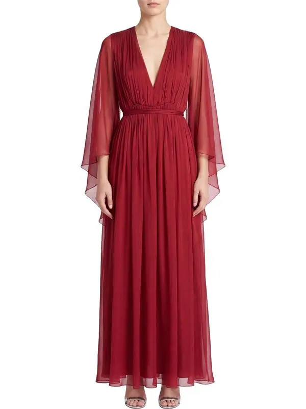 Alberta Ferretti Long Silk Evening Gown With V-neck And Long Sleeves - Red