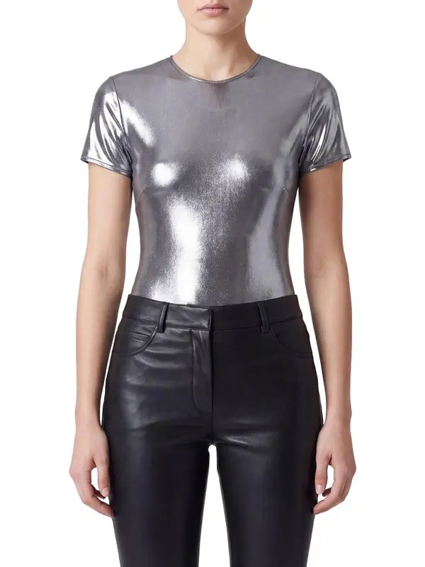 COLLINI MILANO 1937 Metallic Short Sleeve Top - Silver