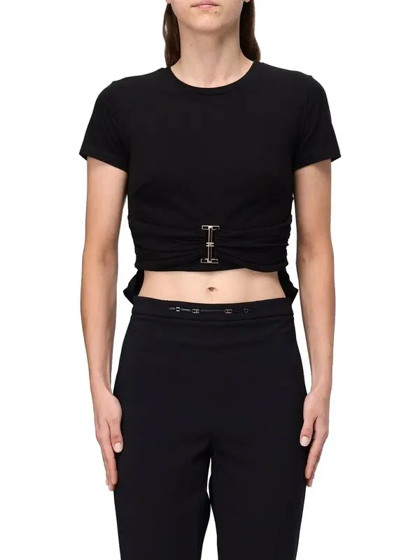 Elisabetta Franchi Cropped Cotton T-shirt With Metal Logo Plaque - Black