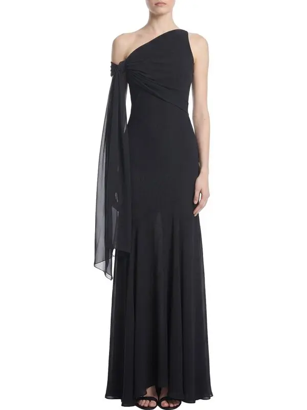 COLLINI MILANO 1937 Desirée One-shoulder Flared Silk Long Evening Gown - Black