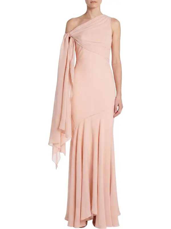 COLLINI MILANO 1937 Desirée One-shoulder Flared Silk Long Evening Gown - Pink
