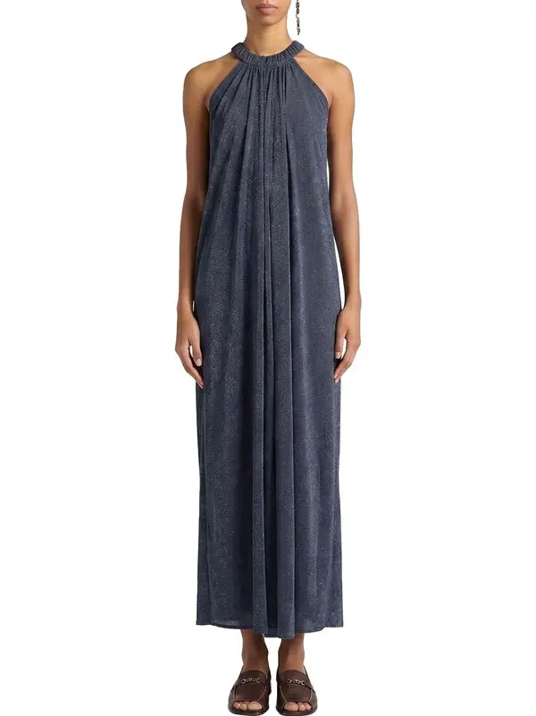 Momoni Yuca Halter Neck Midi Tunic Dress In Viscose Lurex Blend - Blue