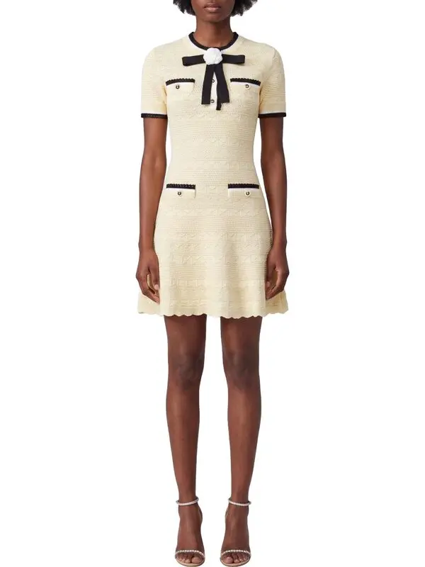 SELF-PORTRAIT Cotton-knit Sheath Mini Dress With Bow Detail - Yellow