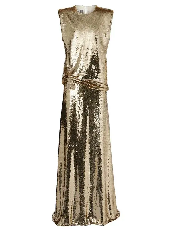 Monique Lhuillier Sequined Embellished Gathered Gown - Gold