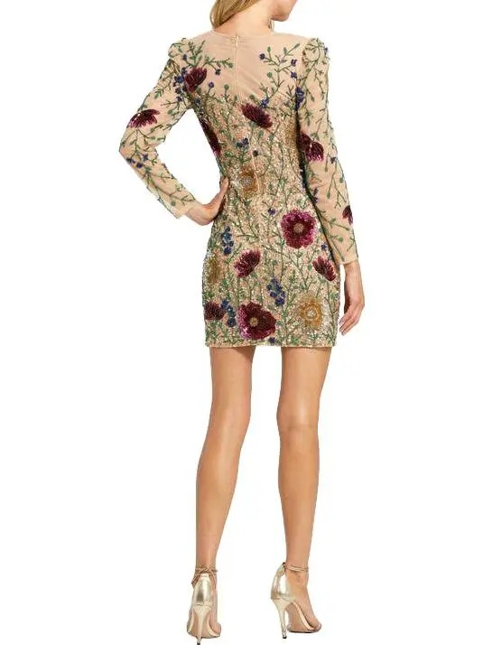 Mac Duggal Long Sleeve Sheer Bustier Floral Embroidered Dress - Nude Multi