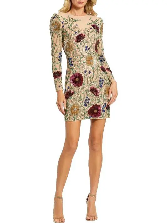Mac Duggal Long Sleeve Floral Embroidered Mini Dress - Nude Multi