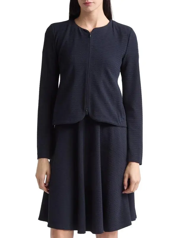 Emporio Armani Zip-front Collarless Textured Jacket - Navy