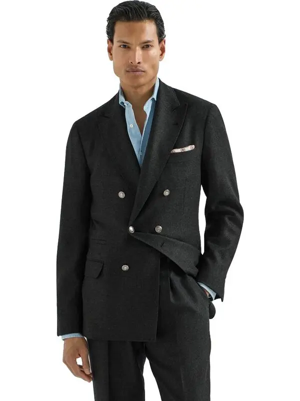 Brunello Cucinelli Mouliné Virgin Wool Twill One-and-a-half Breasted Deconstructed Blazer With Metal Buttons - Anthracite
