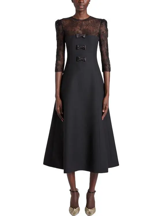 Valentino Garavani Bow Detail Lace & Crepe Midi Dress - Black
