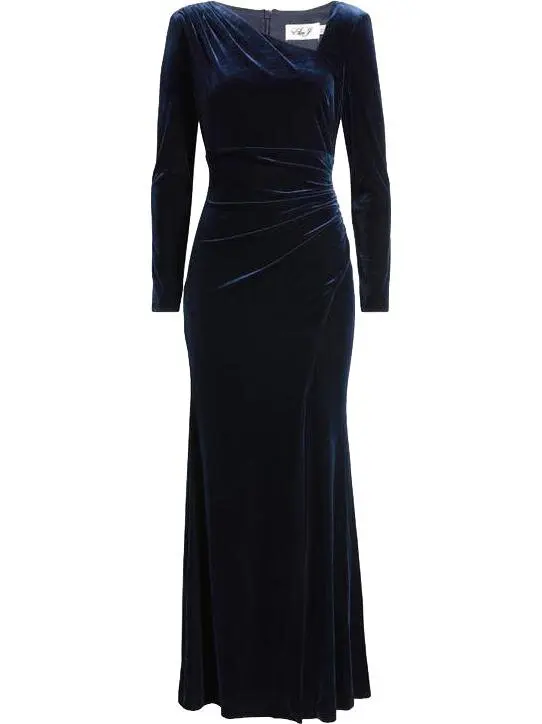 Eliza J Ruched Velvet Asymmetrical Neck Gown - Navy