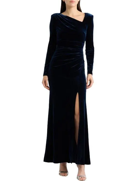 Eliza J Ruched Velvet Asymmetrical Neck Gown - Navy