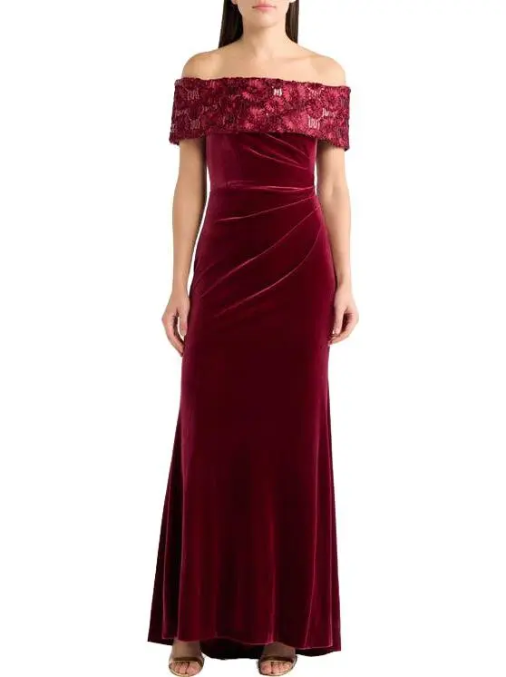 Eliza J Velvet Off-the-shoulder Gown With Floral-stitched Neckline - Wine