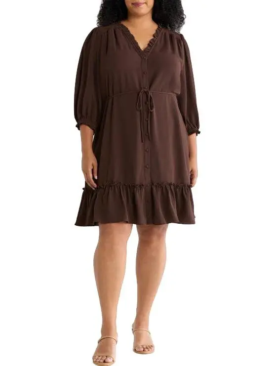 CECE DUPRAZ Ruffled V-neck Button-up Dress - Coffee Bean