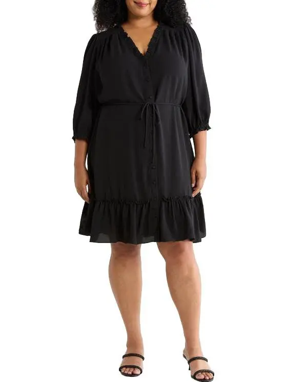 CECE DUPRAZ Ruffled V-neck Button-up Dress - Rich Black