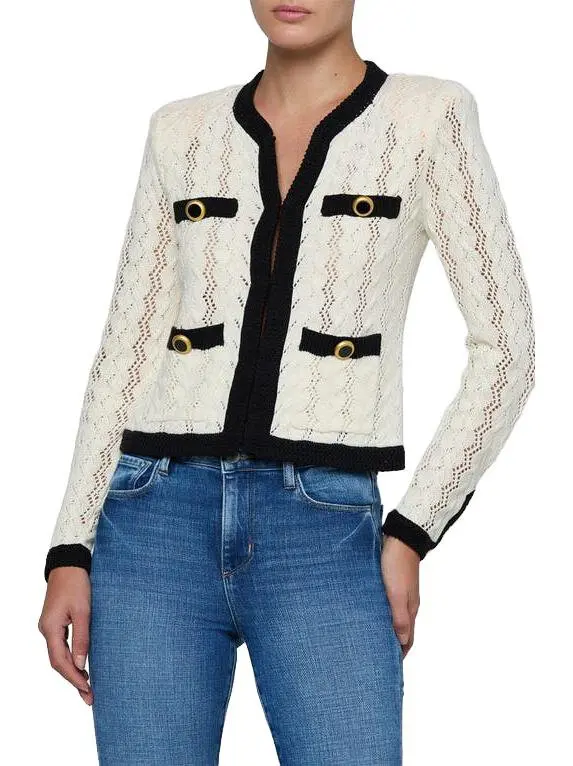 L'Agence Zephyra Pointelle Open Front Cardigan With Goldtone Button Detailing - Ivory/black