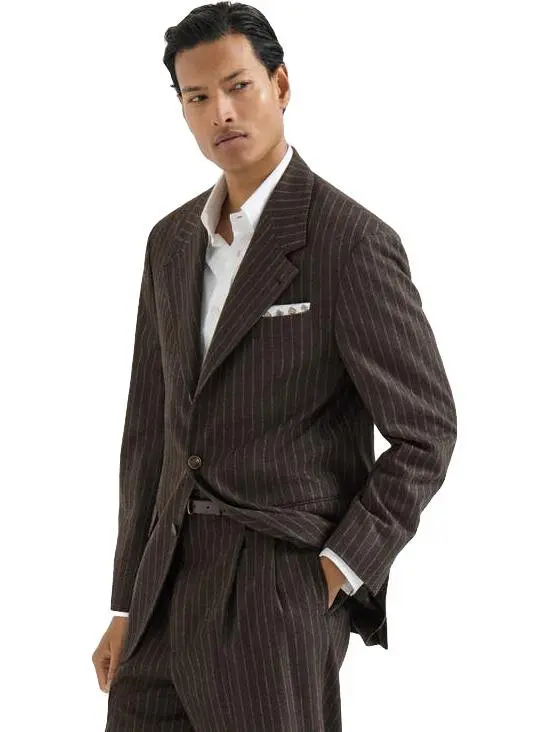Brunello Cucinelli Virgin Wool And Cashmere Chalk Stripe Flannel Tailor Blazer - Brown