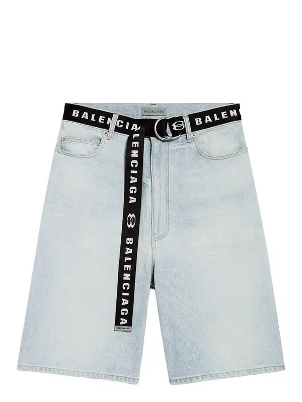 Balenciaga Belted Distressed Denim Shorts - Blue