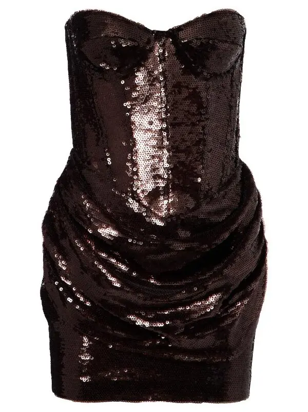THE NEW ARRIVALS ILKYAZ OZEL Sequined Draped Corset Dress - Brown