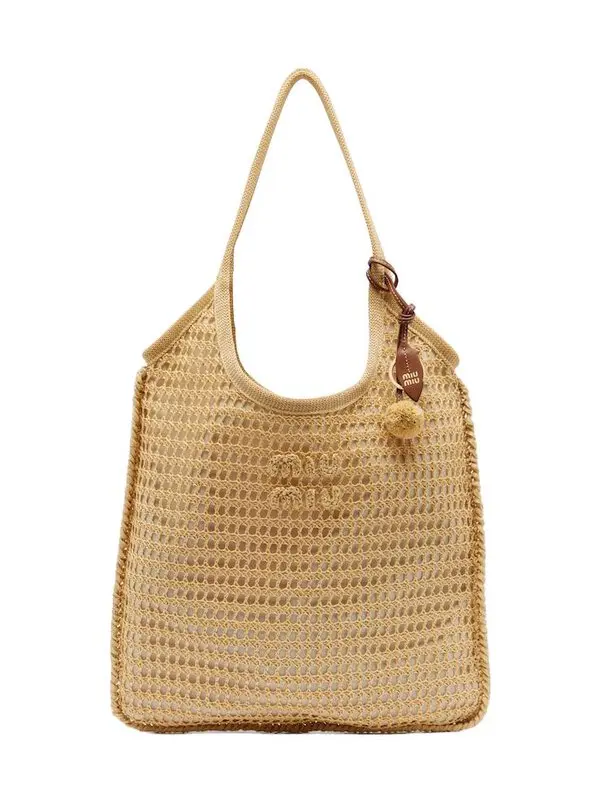 Miu Miu Ivy Crochet Raffia Tote Bag - Beige