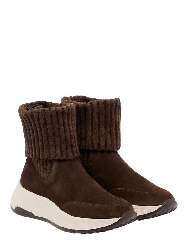 Hogan Suede Ankle Boots With Knit Cuffs - Brown