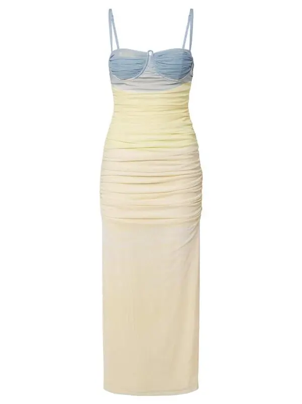 SIR. Printed Ruched Mesh Midi Dress - Yellow