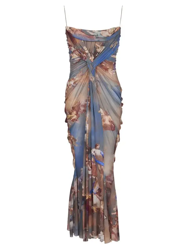 Balmain Sky Printed Draped Tulle Maxi Dress - Multicolor