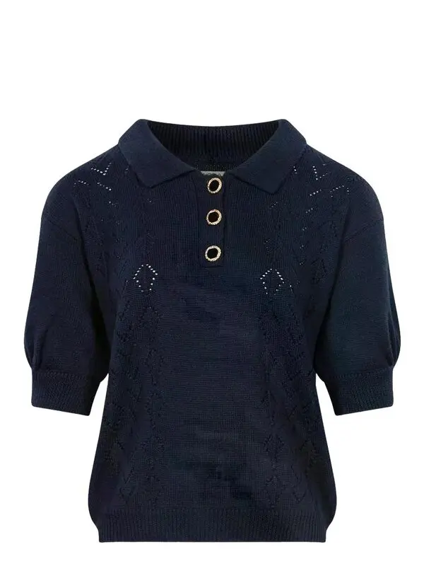 Alessandra Rich Pointelle Knit Puff Sleeve Polo Top - Blue
