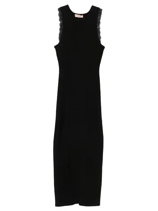 TWINSET Lace-trim Ribbed Midi Dress - Black