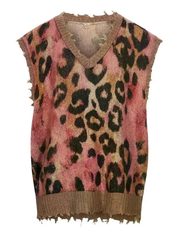 R13 Leopard Print Distressed V-neck Sweater Vest - Brown