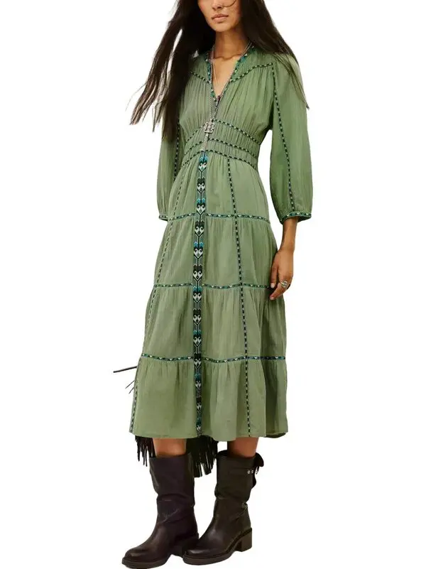 Ba&sh Pahina Embroidered Tiered Flared Midi Dress - Green