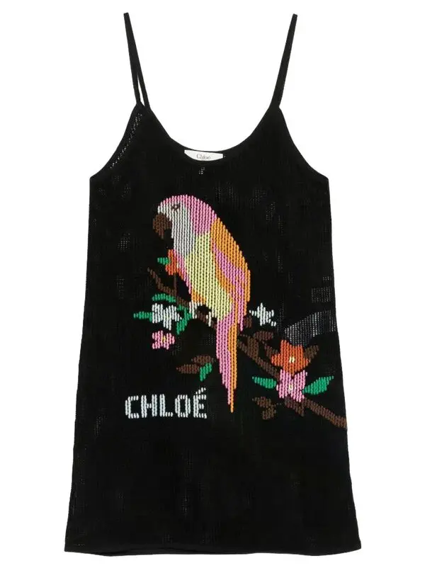 Chloé Embroidered Parrot Mesh-knit Mini Dress - Black