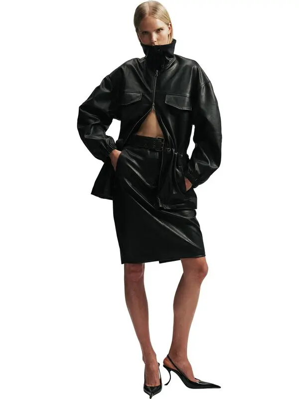 Bardot Lavelle Vegan Leather Midi Skirt With Belted Waist - Black