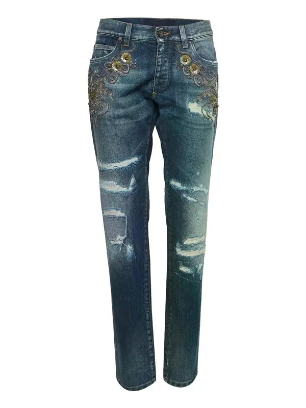 Dolce & Gabbana Floral Embroidered Distressed Jeans - Blue