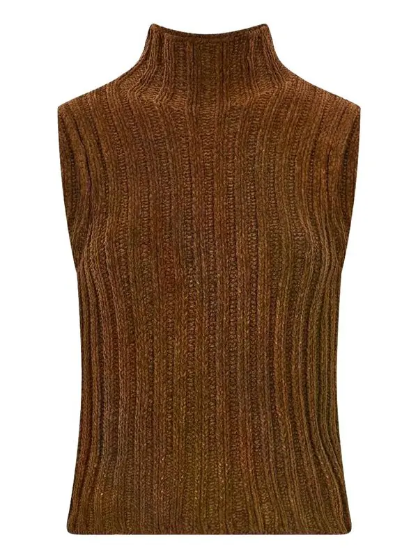 R13 Sleeveless Ribbed Knit High Neck Sweater - Brown