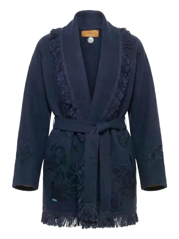 Alanui Embroidered Wool Cardigan With Fringe And Shawl Lapels - Blue