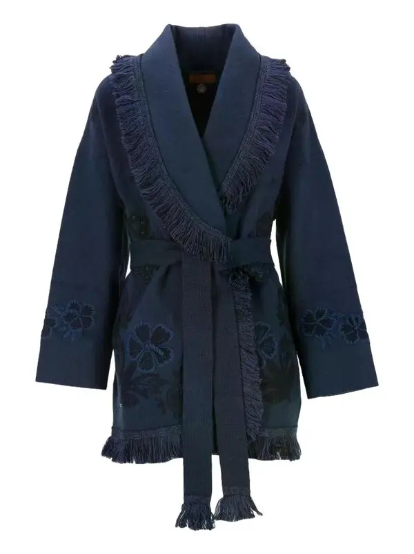 Alanui Embroidered Wool Cardigan With Fringe And Shawl Lapels - Blue