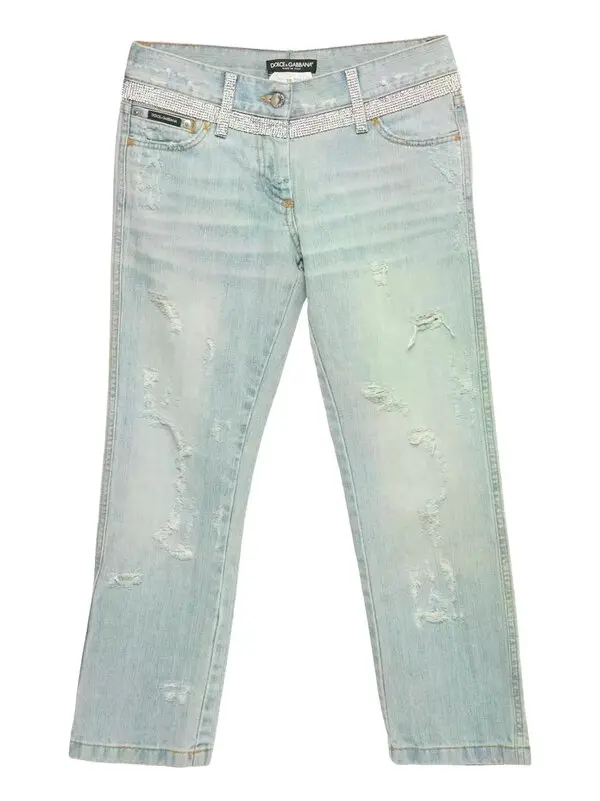 Dolce & Gabbana Cropped Distressed Rhinestone Detail Denim Jeans - Blue